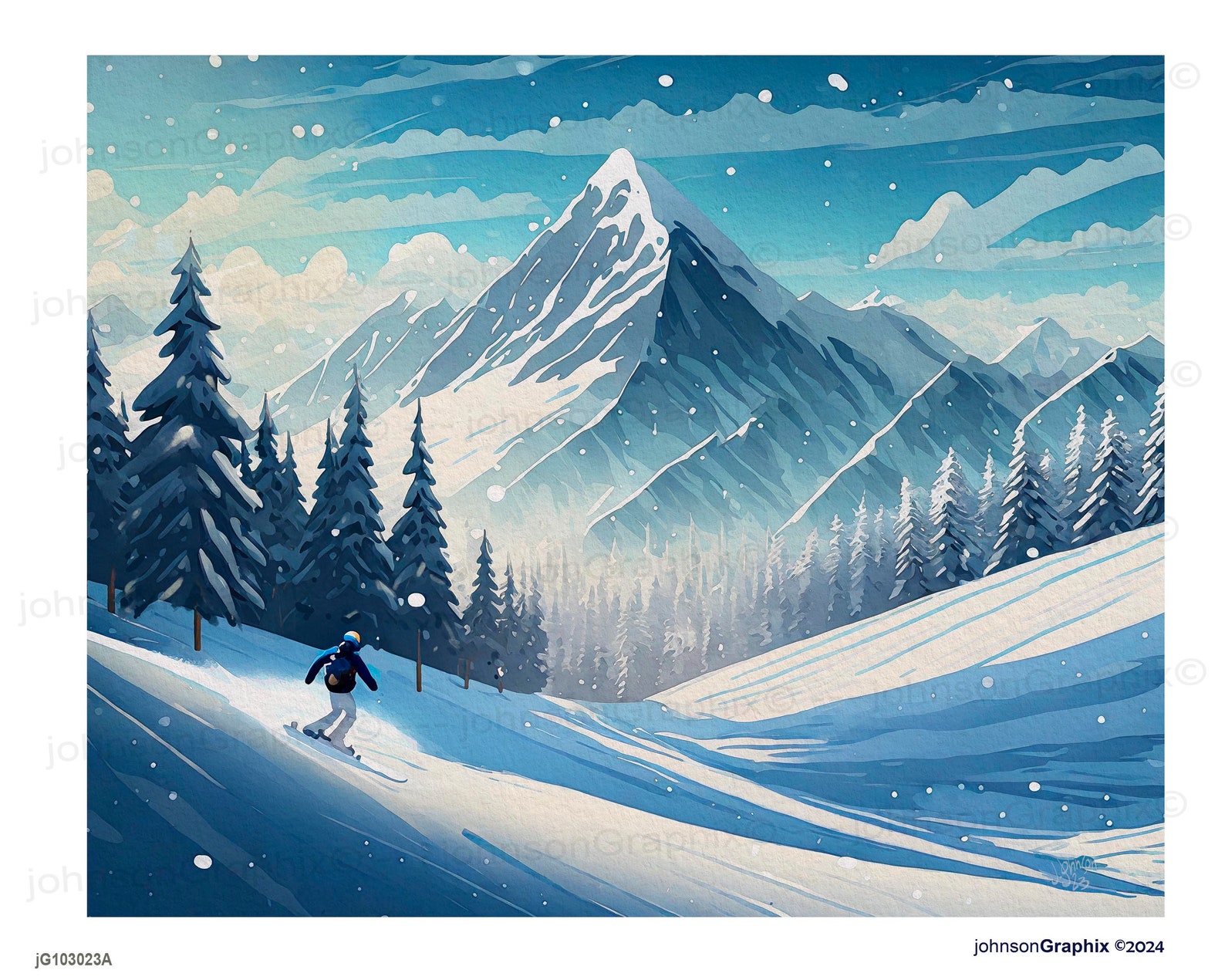 Skiing Wall Art, Winter Forest Watercolor, Peaceful Snowboarding Art ...
