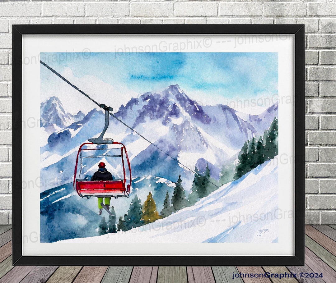 Ski Lift Watercolor Art Print: Winter Mountain Scene - Etsy