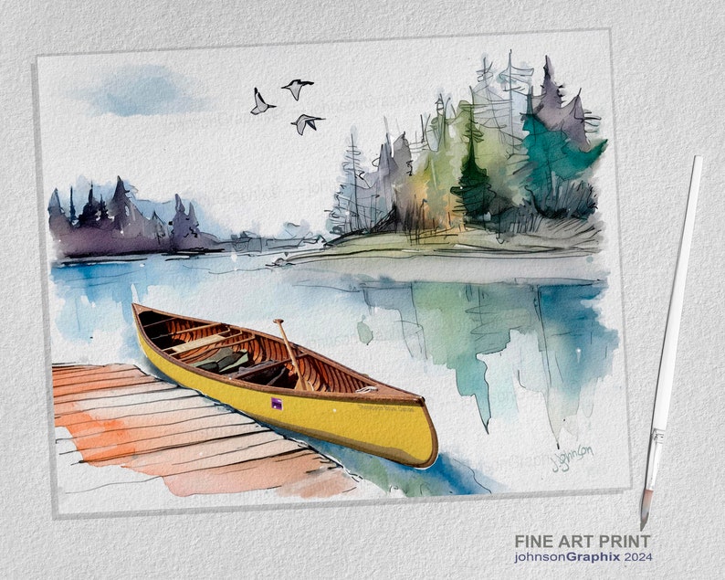 Canoe Watercolor Print, Lake Scenery Wall Art, Minimalist Kayaking ...