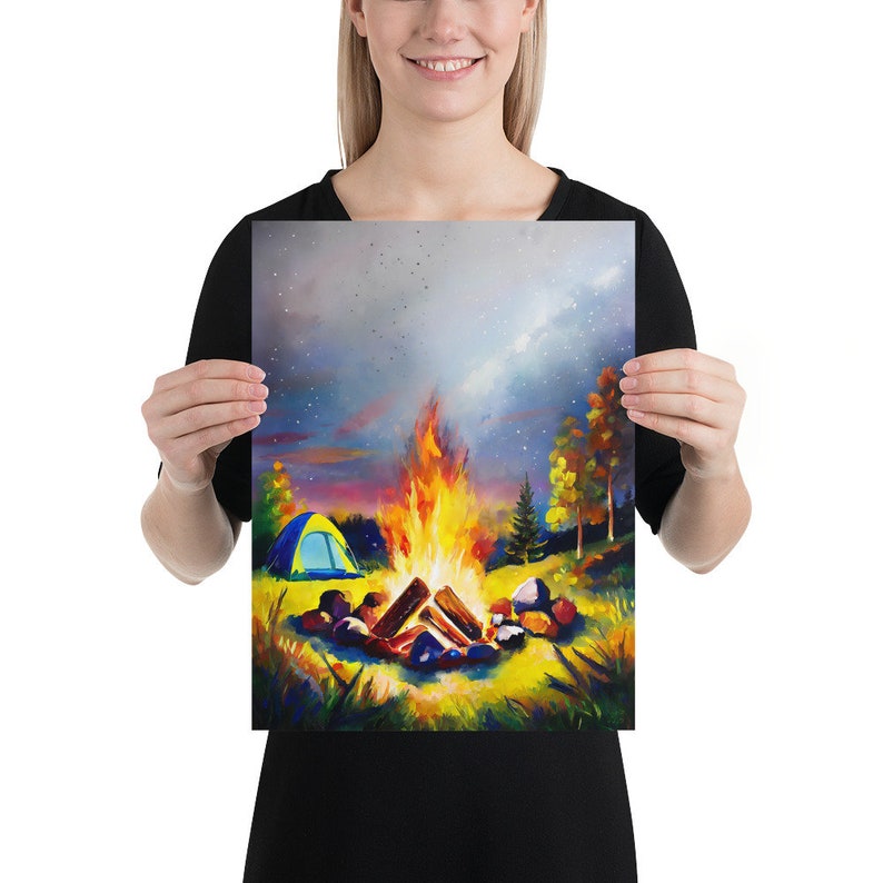 Warm up to This Cozy Campfire Art Print, Tent Camping Poster, Campfire ...