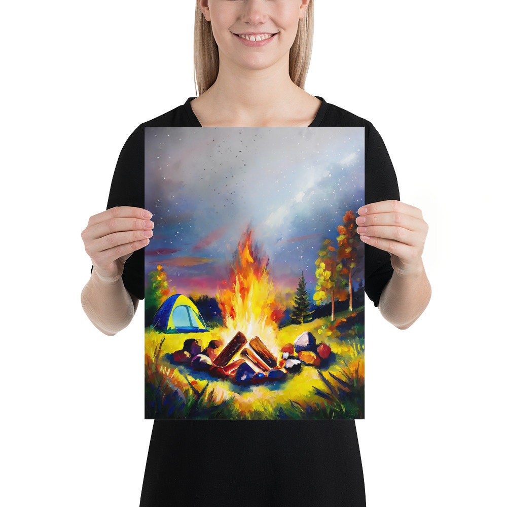 Warm up to This Cozy Campfire Art Print, Tent Camping Poster, Campfire ...