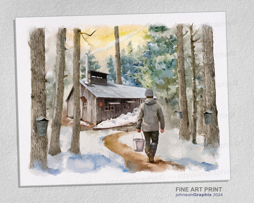 Maple Syrup Harvest Art Print: Winter Sugar Shack Watercolor Painting ...