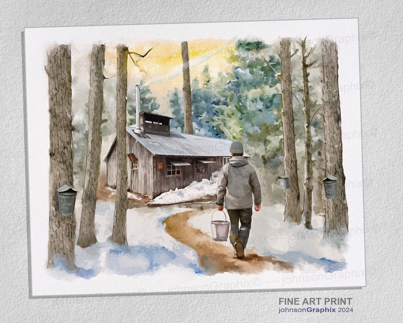 Maple Syrup Harvest Painting: Foggy Forest Winter Farm Scenery ...