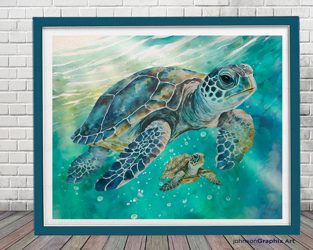 Mother and Baby Sea Turtle Art Print, Nursery Wall Art Print, Baby ...
