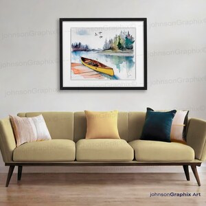 Canoe Watercolor Print, Lake Scenery Wall Art, Minimalist Kayaking ...