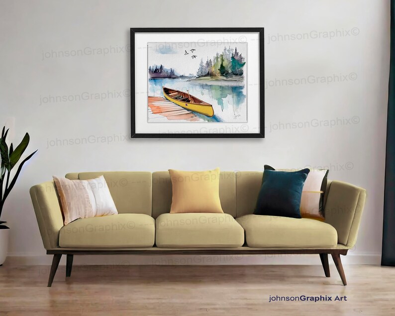 Canoe Watercolor Print, Lake Scenery Wall Art, Minimalist Kayaking ...