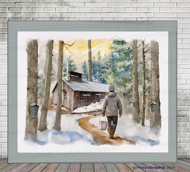 Maple Syrup Harvest Painting: Foggy Forest Winter Farm Scenery ...