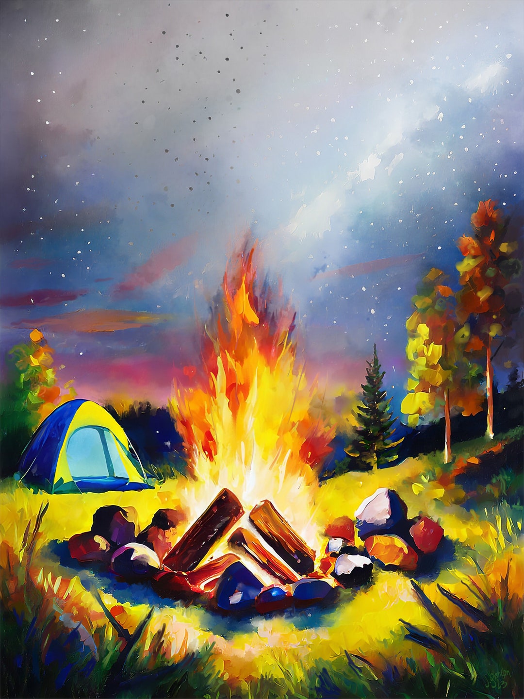 Warm up to This Cozy Campfire Art Print, Tent Camping Poster, Campfire ...