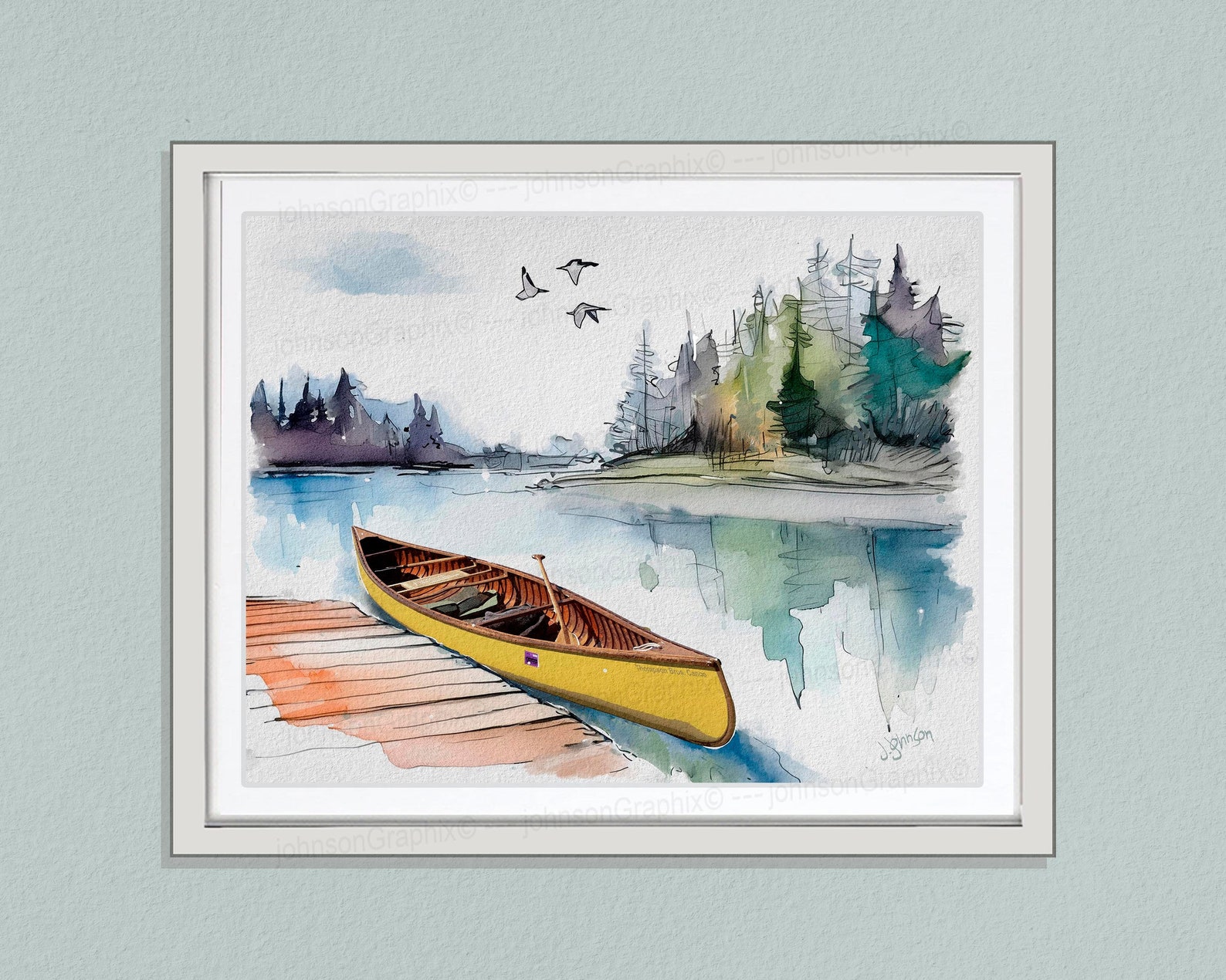 Canoe Watercolor Print, Lake Scenery Wall Art, Minimalist Kayaking ...