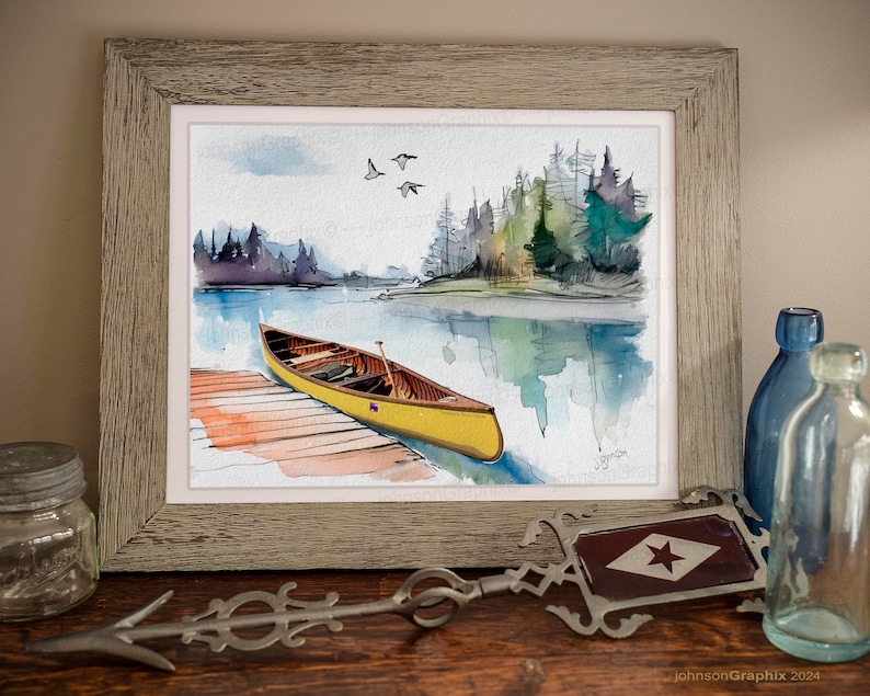 Canoe Watercolor Print, Lake Scenery Wall Art, Minimalist Kayaking ...