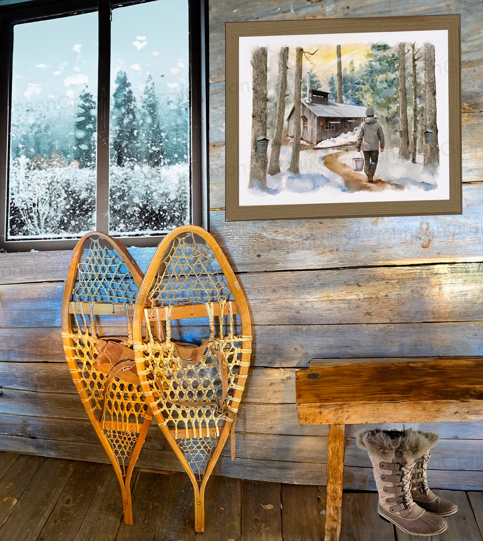 Maple Syrup Harvest Painting: Foggy Forest Winter Farm Scenery ...