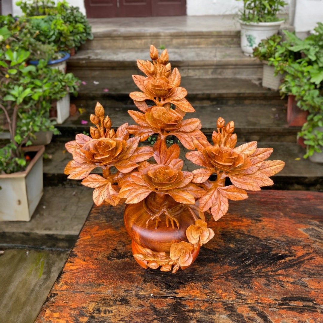Wood Carving Bonsai Tree Sculpture Stand Bonsai Pot Handmade Room Decor ...