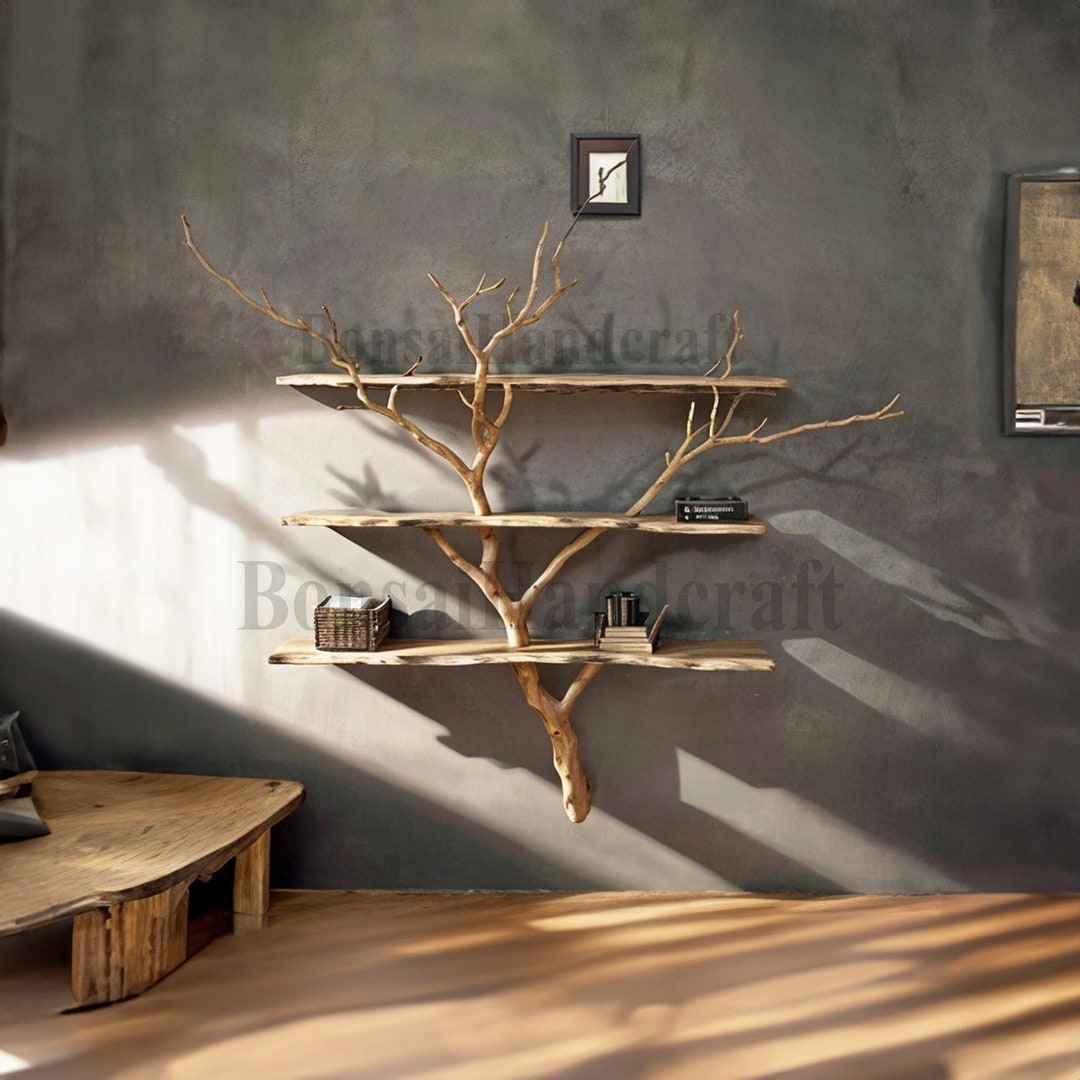 Tree Branch Floating Bookshelf Decor Wall Mount Solid Wood Bookcase Art ...