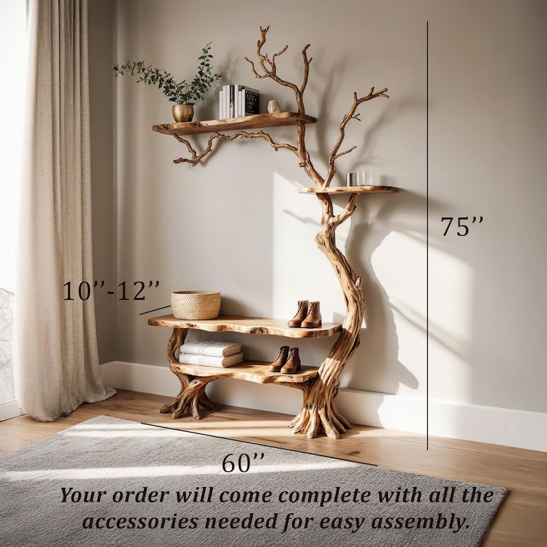 Natural Tree Coat Rack Wall Mount Coat Hook Tree Branch Bookshelf Shoe ...