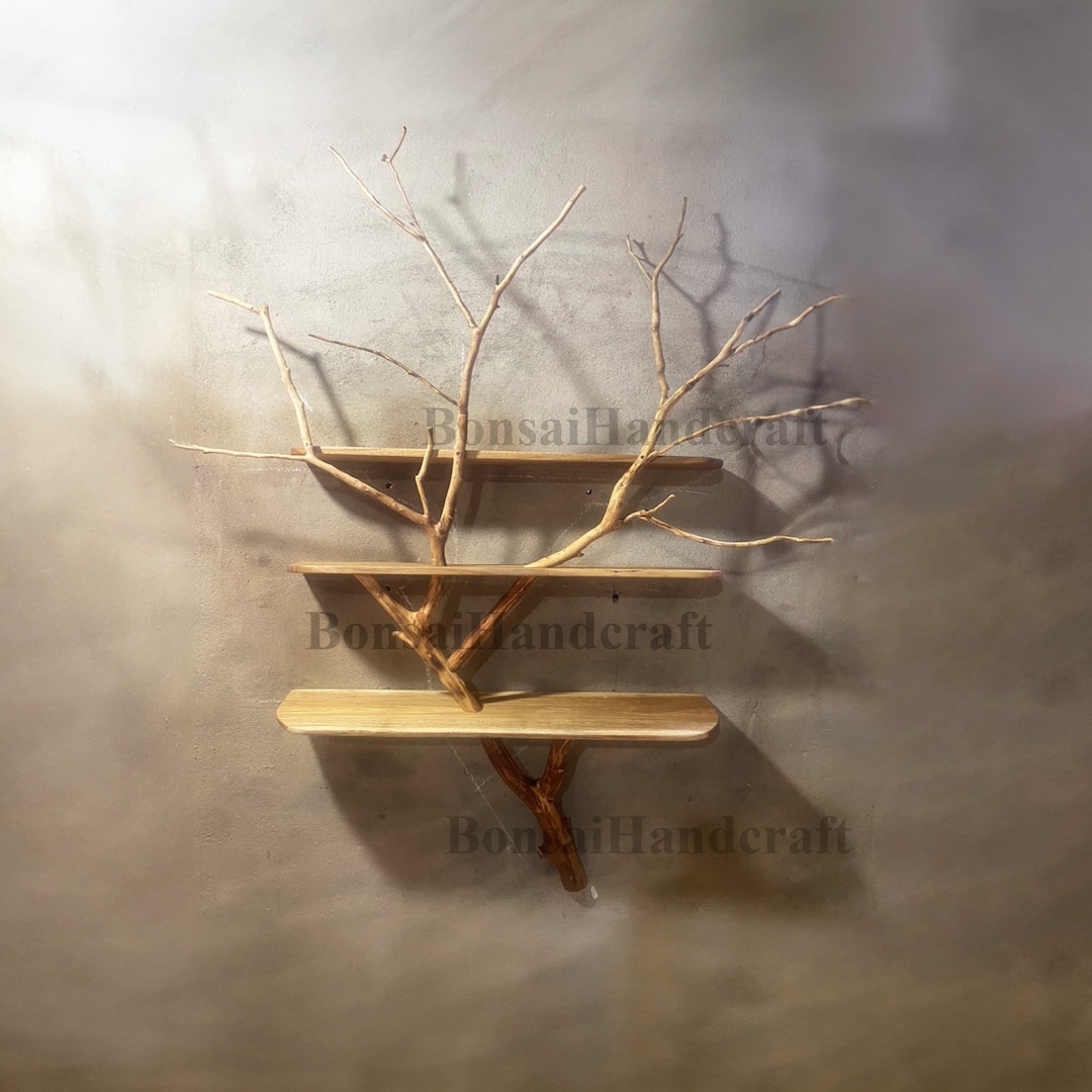 Tree Branch Floating Bookshelf Decor Wall Mount Solid Wood Bookcase Art ...