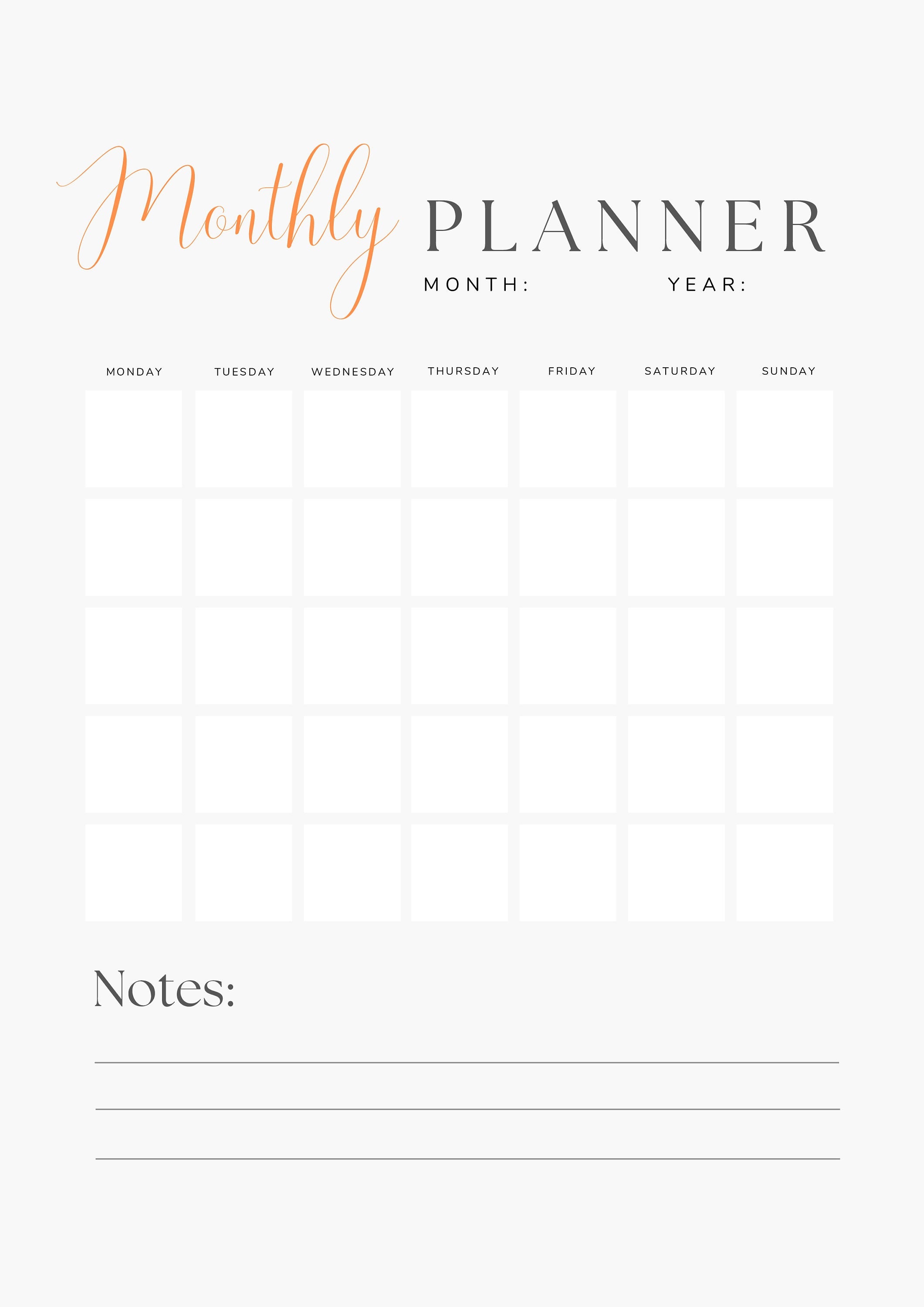 Orange Modern Monthly Planner, Simple Monthly Planner Printable ...