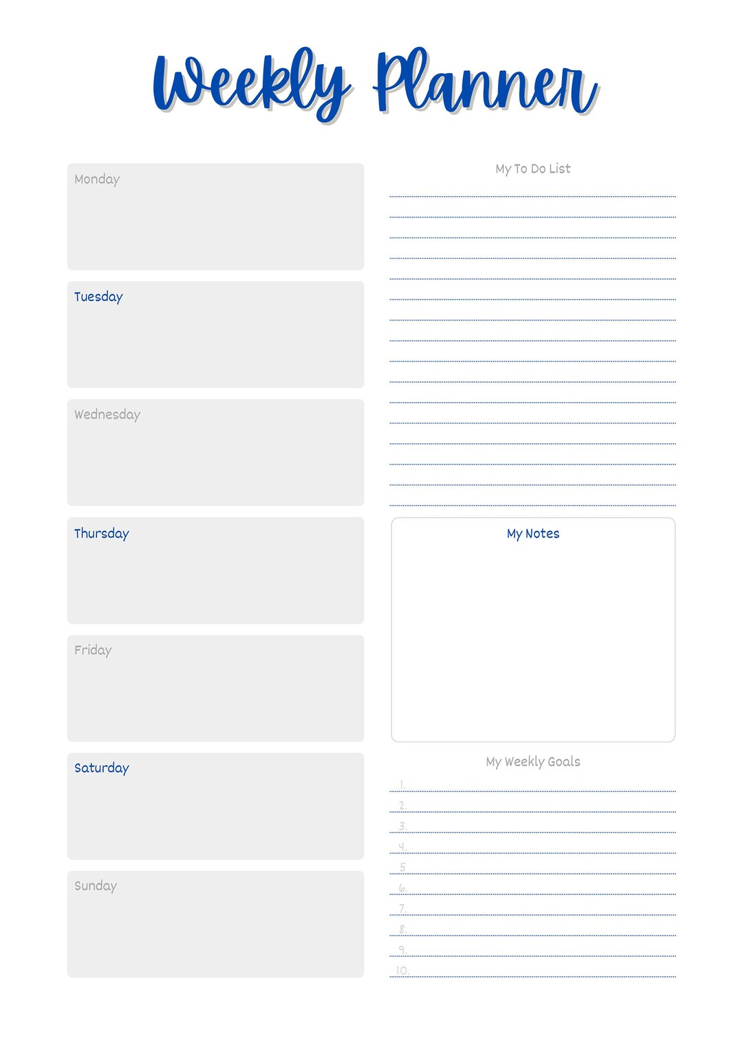 Cobalt Blue Modern Weekly Planner, Simple Weekly Planner Printable ...