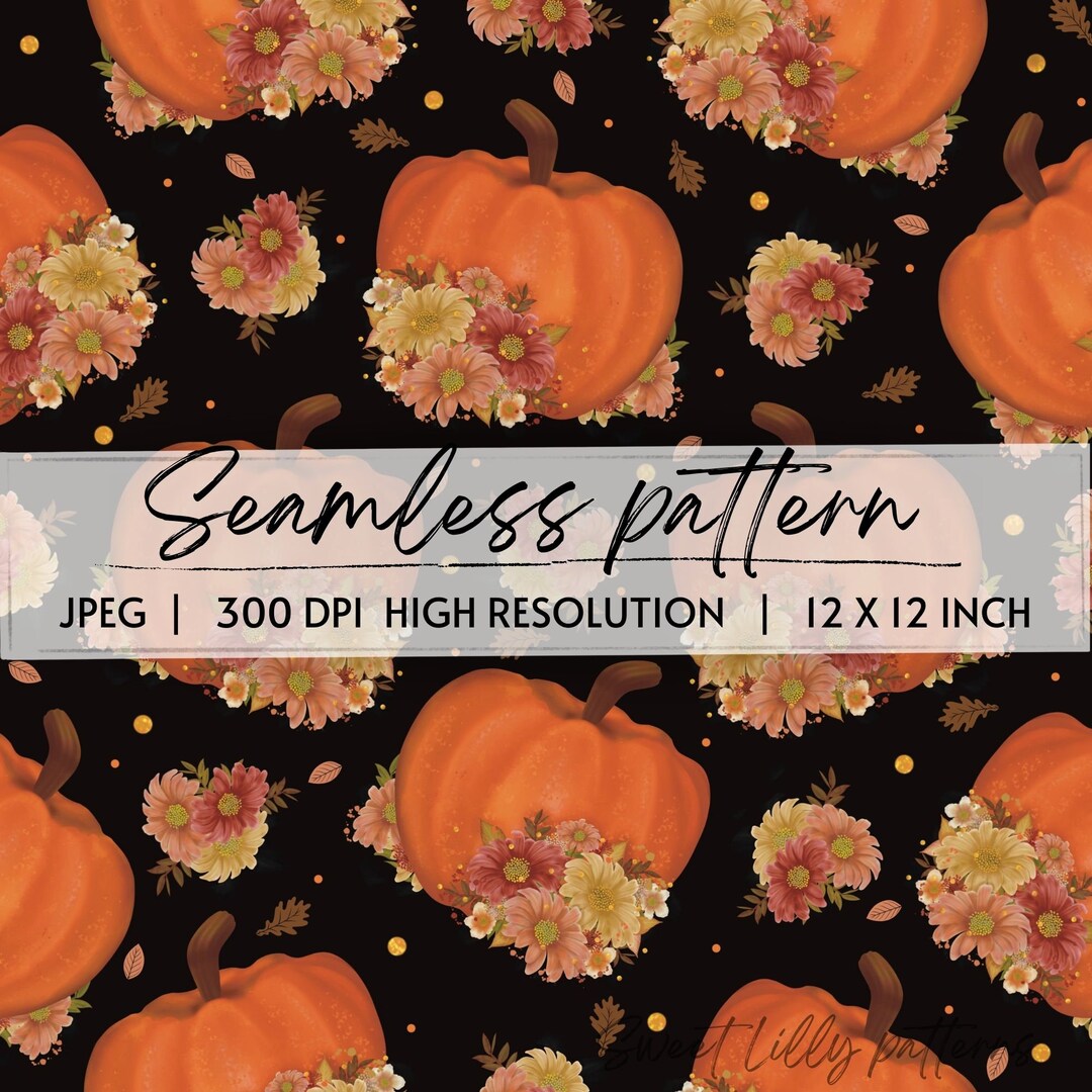 Floral Pumpkin With Black Background Seamless Pattern| Fall Repeat ...