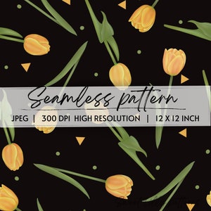 Yellow Tulip With Black Background Seamless Pattern Floral Repeat ...