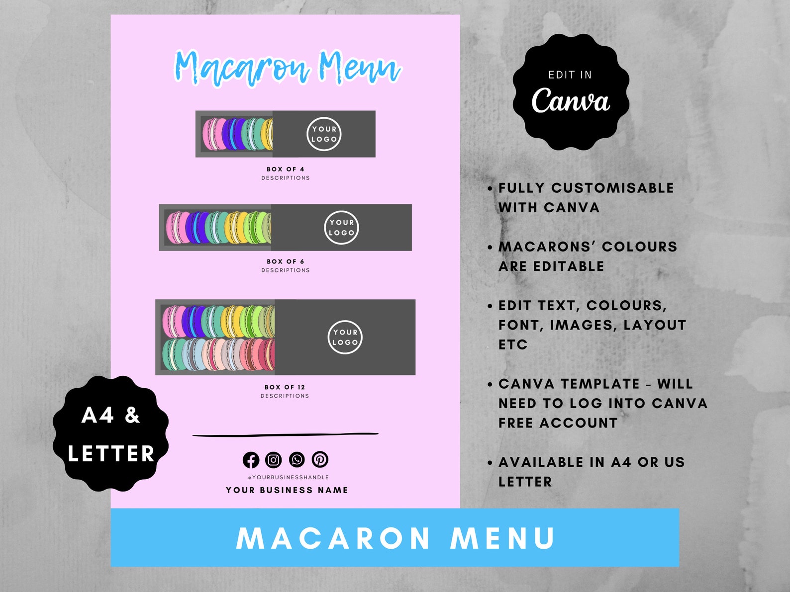 Macaron Menu Template, Colorful Macarons Care Card, Thank You Card ...