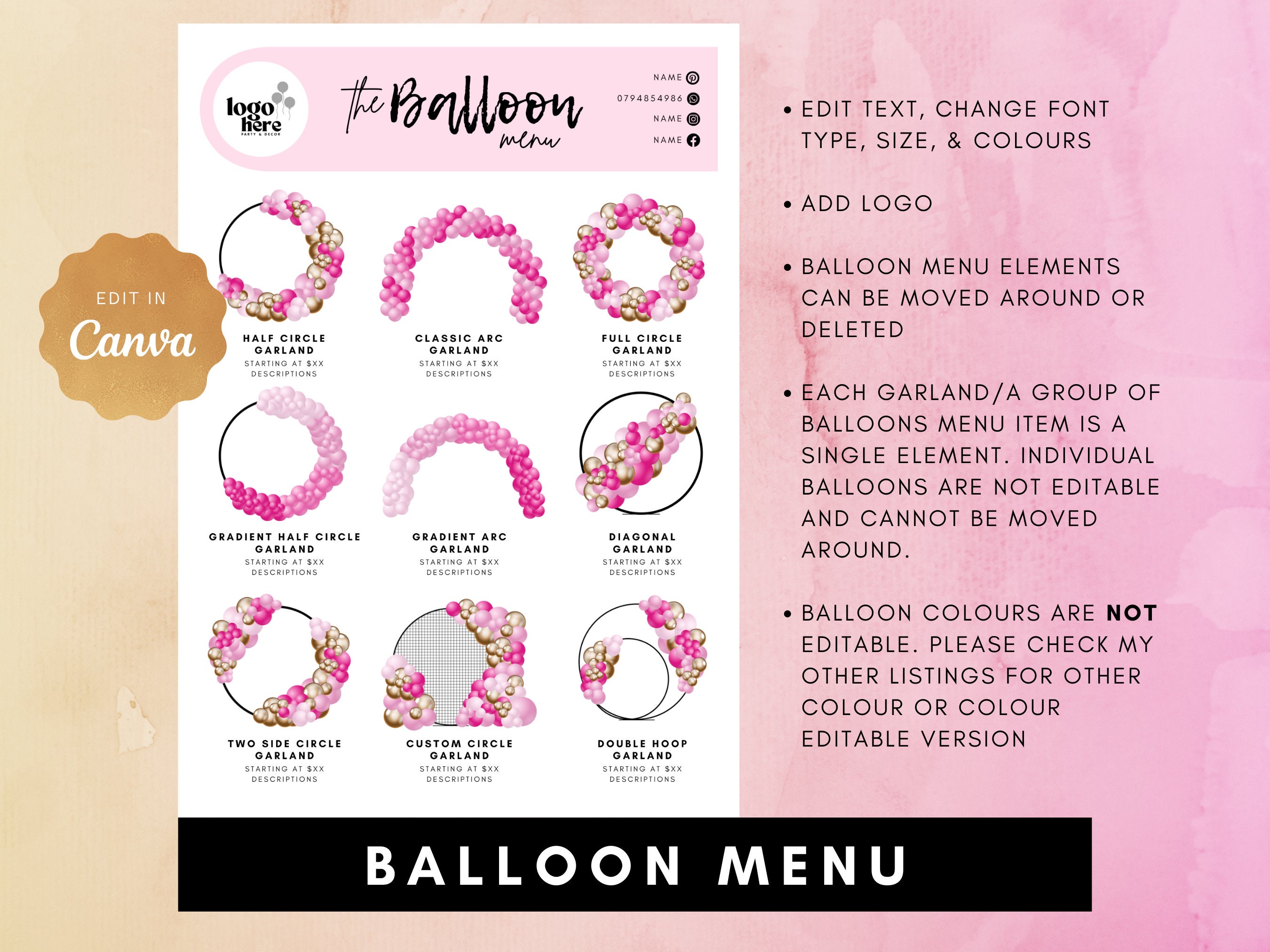 Hot Pink Gold Balloon Menu Template for Balloon Business, Editable ...