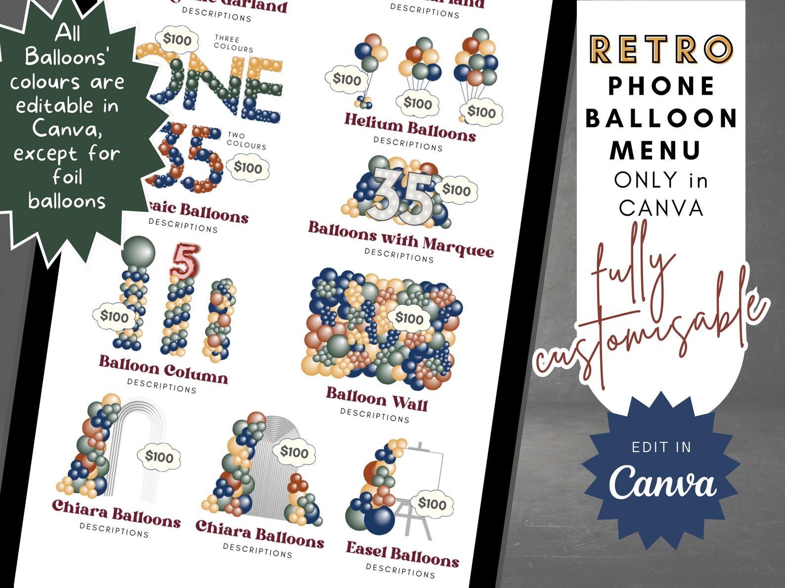 Retro Phone Balloon Menu Template: Editable Canva Design (instant ...