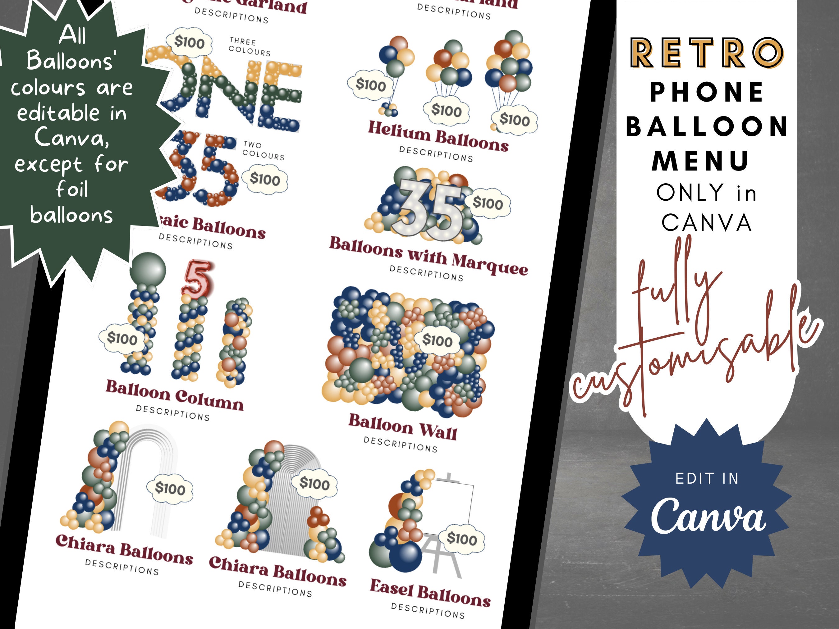 Retro Phone Balloon Menu Template: Editable Canva Design (instant ...
