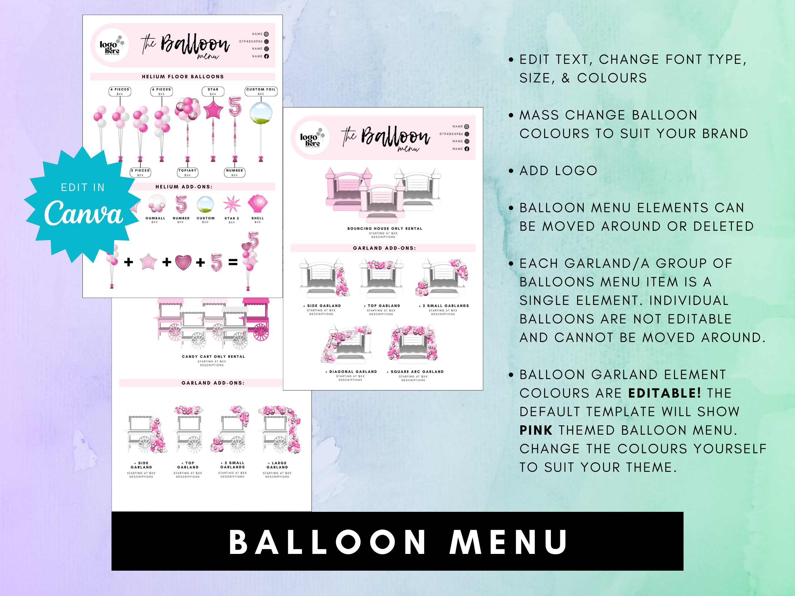 Editable Balloon Menu Template: Garland Design & Price Guide (canva ...