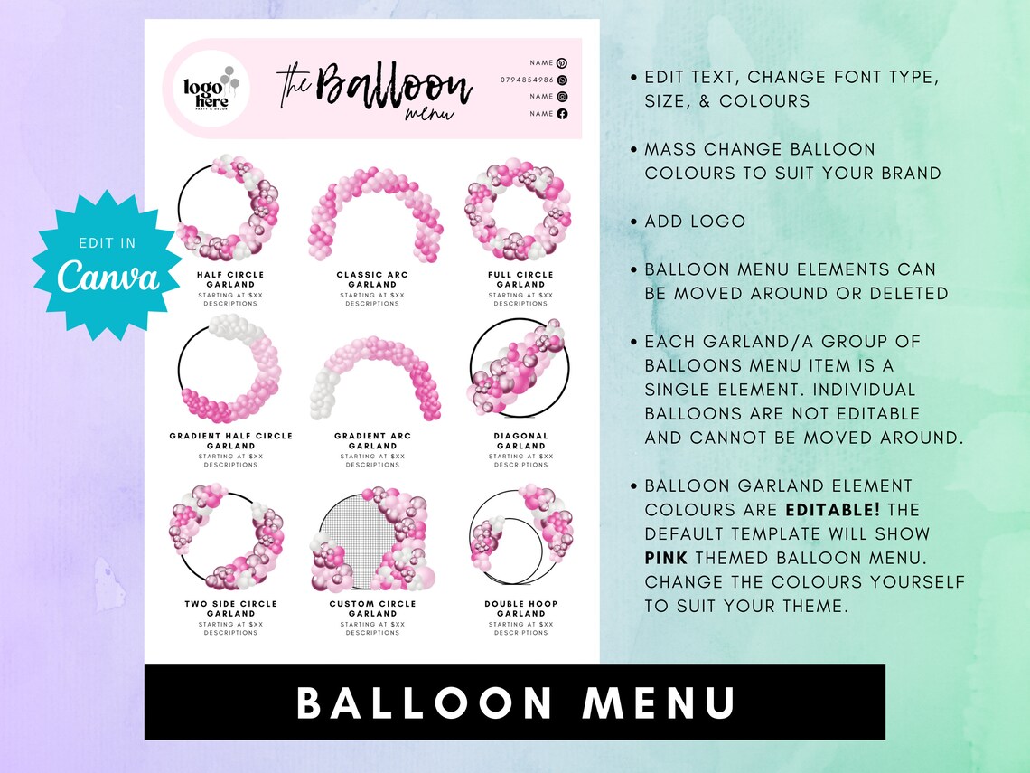 Editable Balloon Menu Template: Balloon Garland Price Guide (digital ...