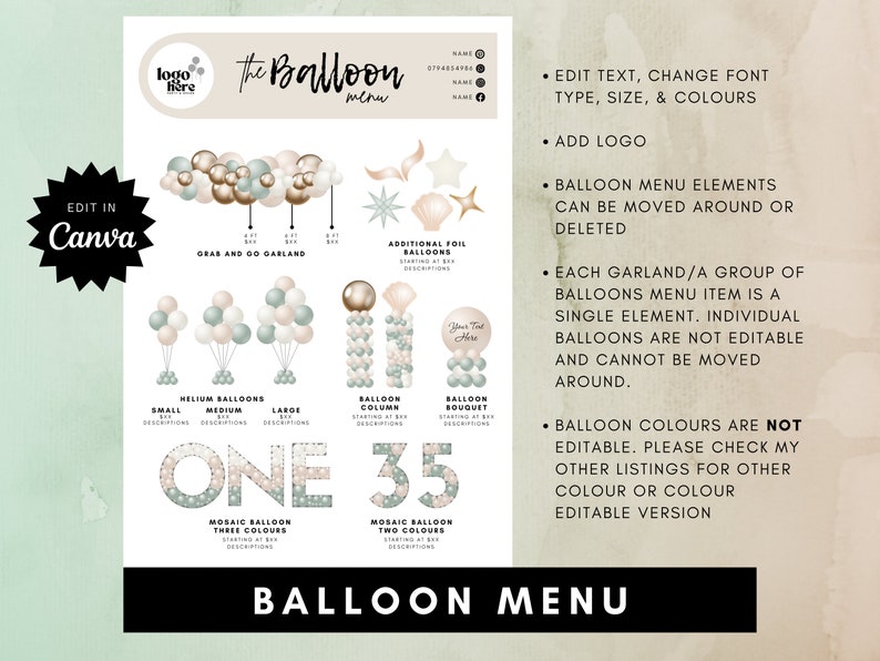 Editable Balloon Menu Template: Cream, Green & Gold (digital) - Etsy