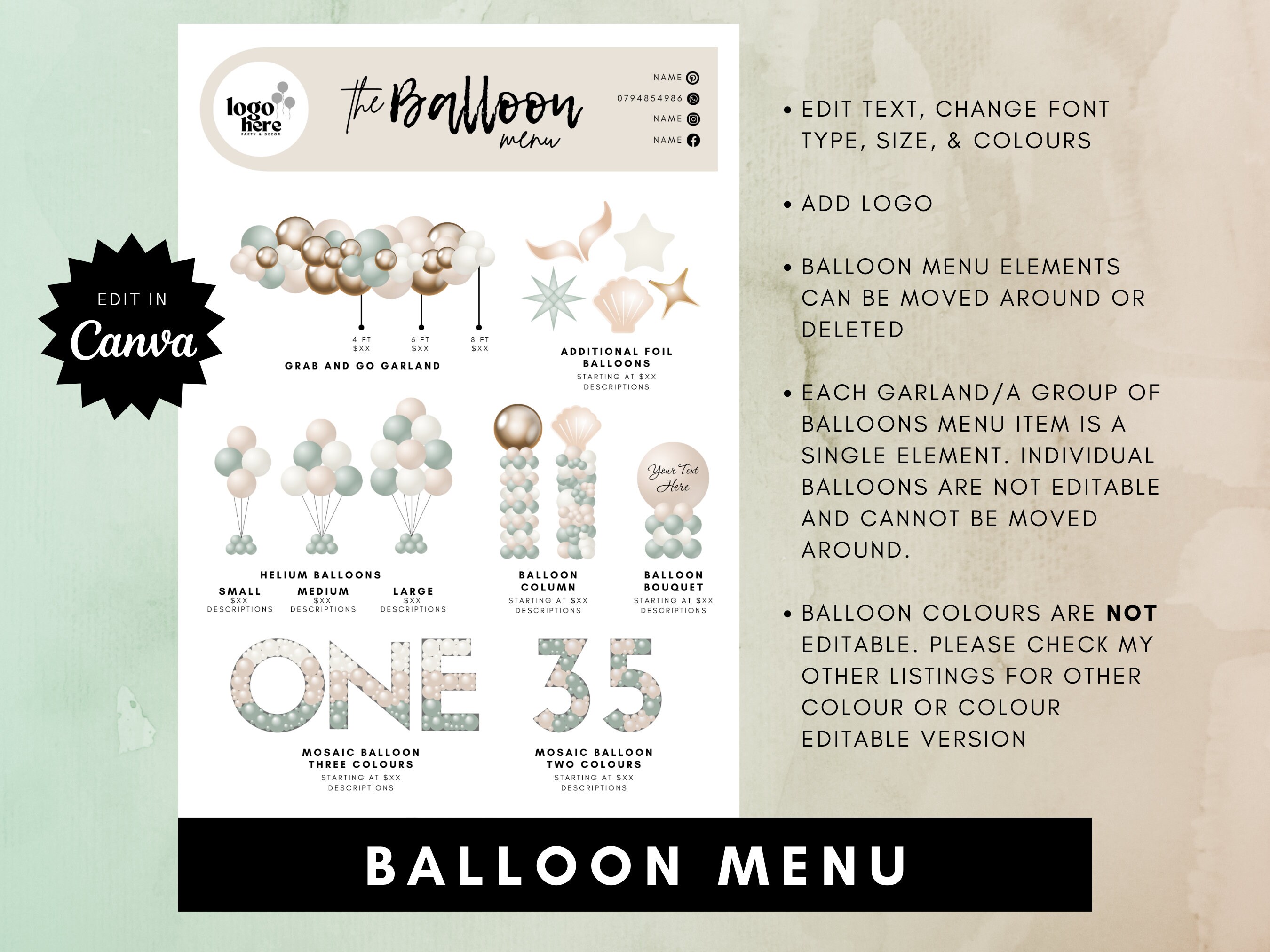 Editable Balloon Menu Template: Cream, Green & Gold (digital) - Etsy
