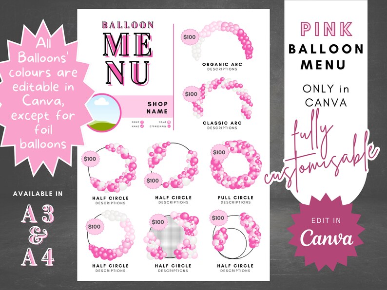 Pink Balloon Menu Template: Editable Canva Design (digital Download) - Etsy