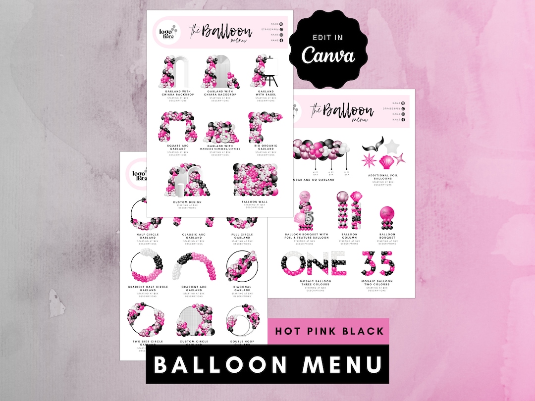 Editable Hot Pink Balloon Menu Template: Balloon Decor Pricing (digital ...