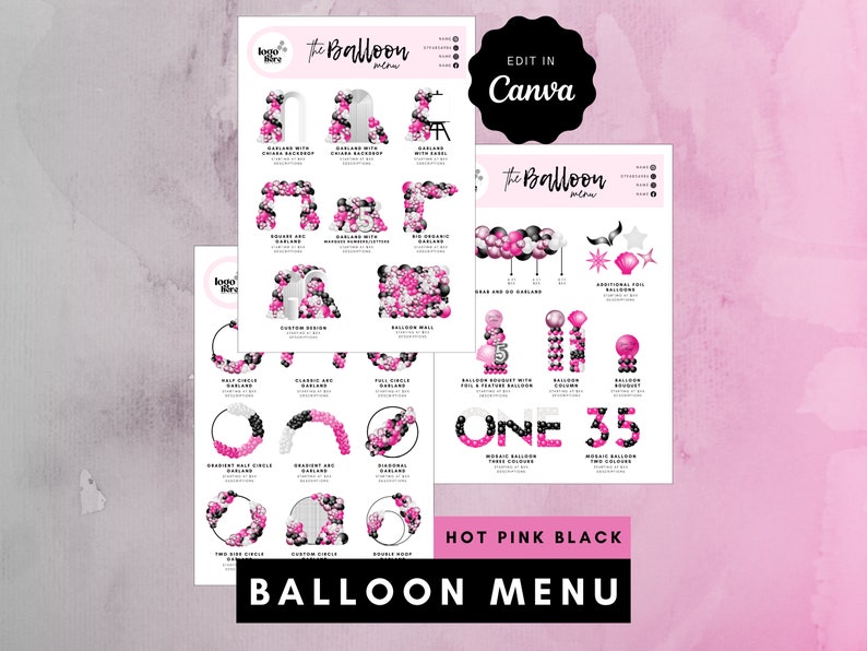 Hot Pink and Black Balloon Menu Template for Balloon Business, Editable ...