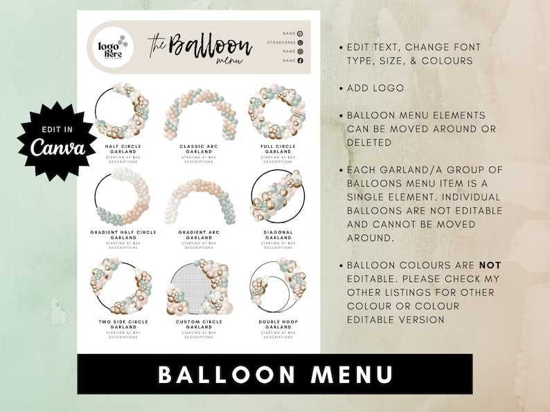 Editable Balloon Menu Template: Cream, Green & Gold (digital) - Etsy