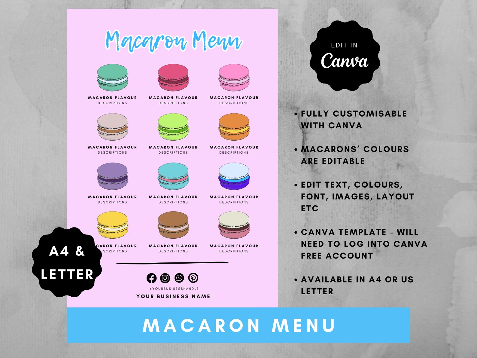 Macaron Menu Template, Colorful Macarons Care Card, Thank You Card ...