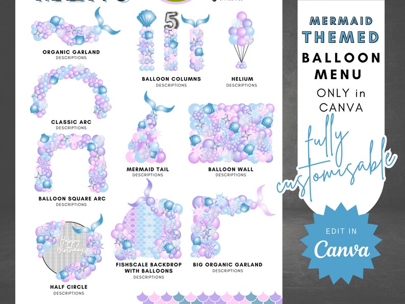 Plantilla Canva de menú de globos de sirena azul digital DIY ...