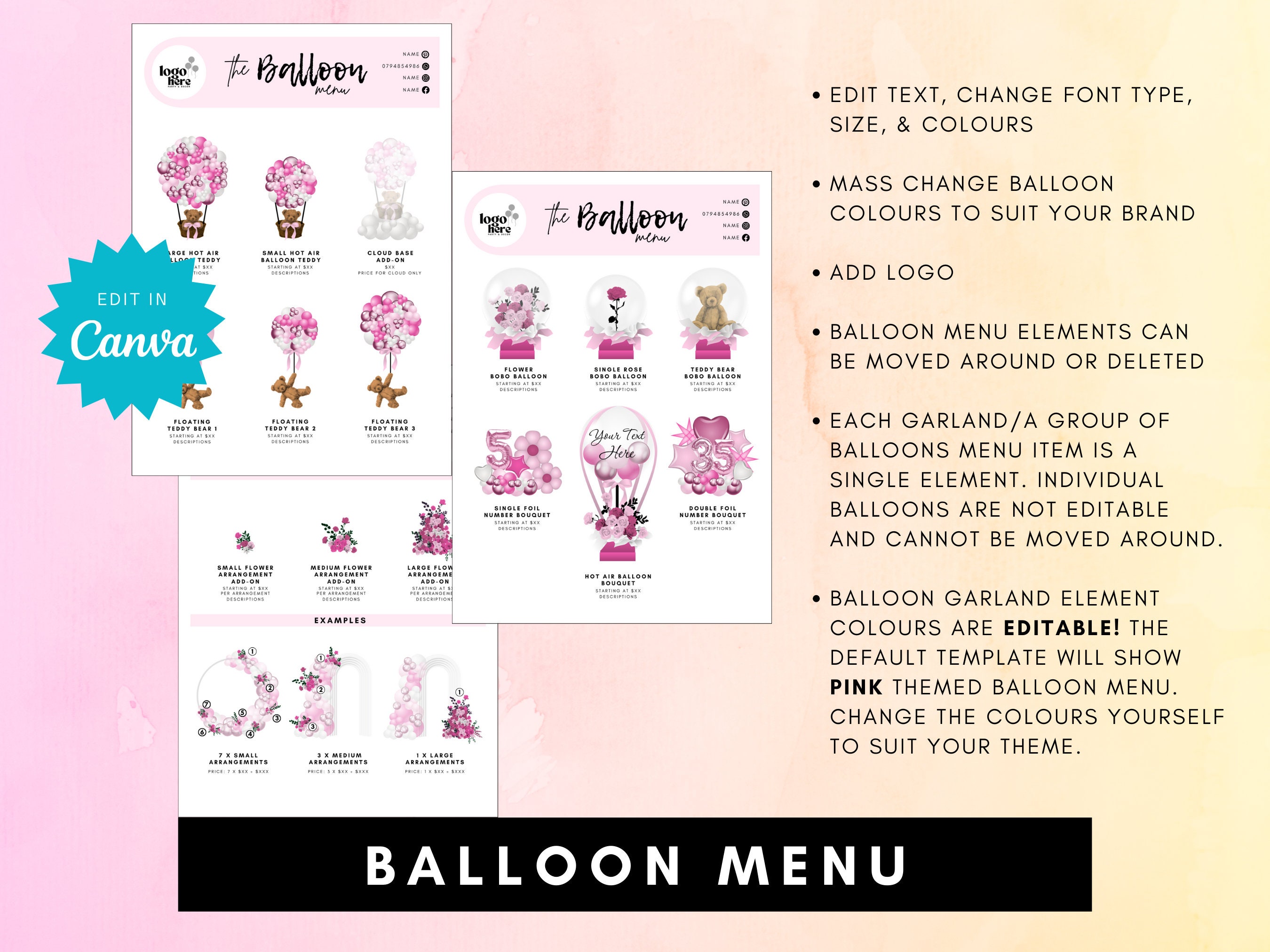 Editable Balloon Menu Template: Garland Design & Price Guide (canva ...