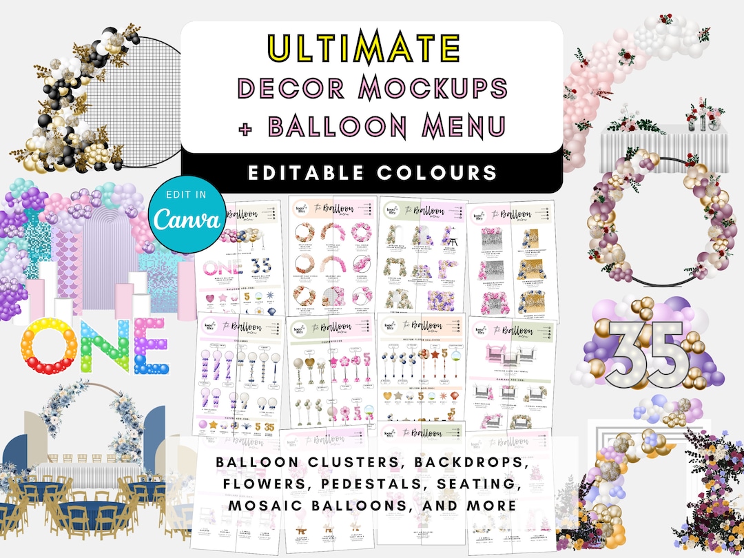 Event Mockup & Balloon Menu Bundle Template, Flower, Table, Chair ...