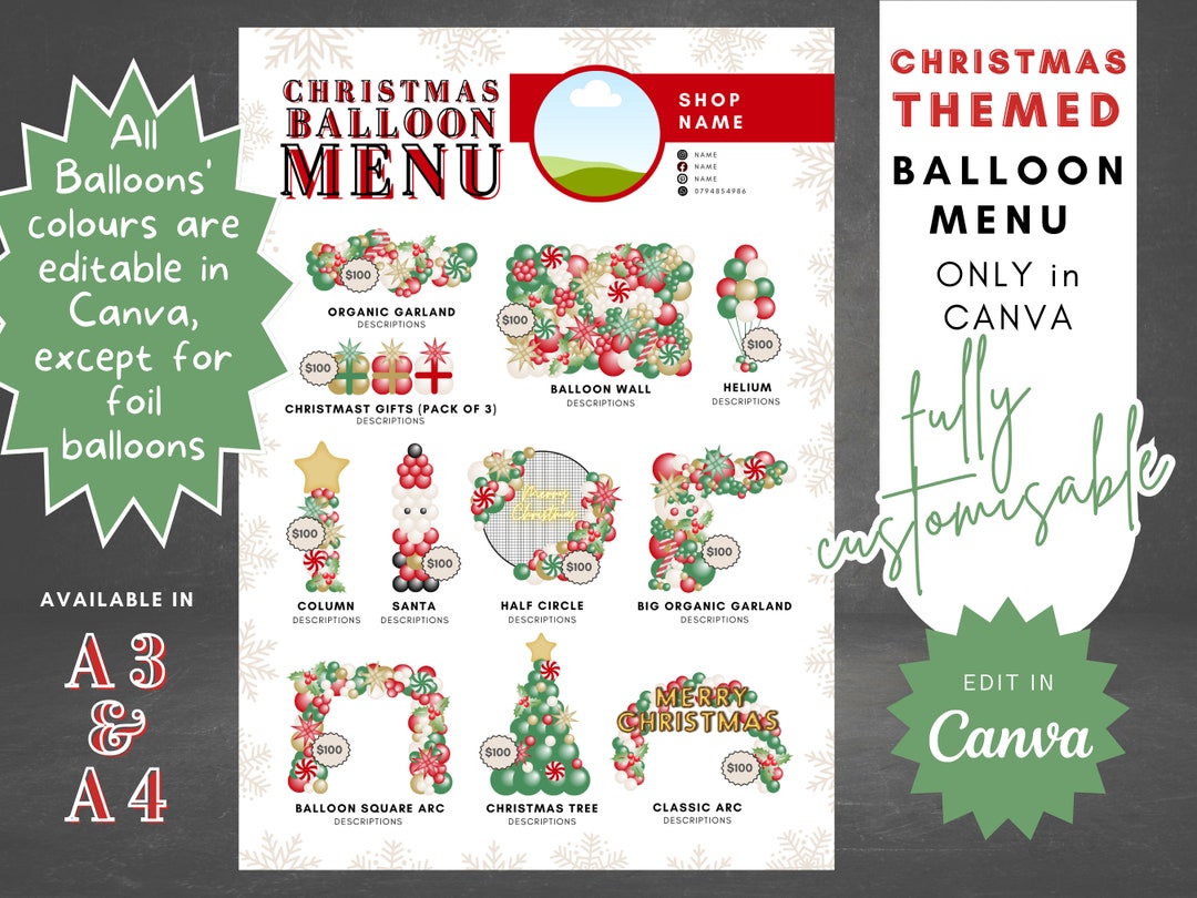 Plantilla de Canva para menú de globos editables de Navidad digital ...