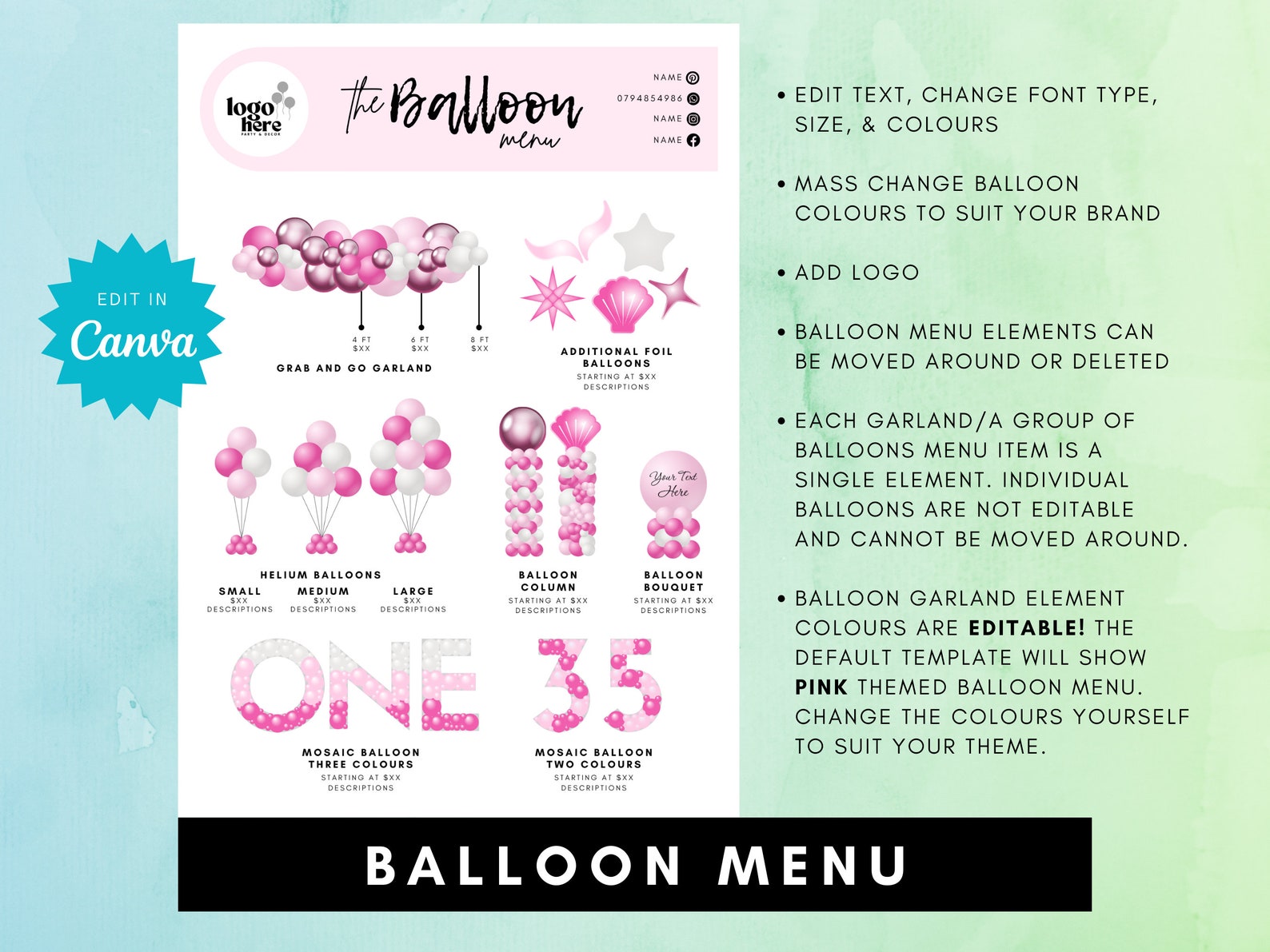 Editable Balloon Menu Template: Balloon Garland Price Guide (digital ...