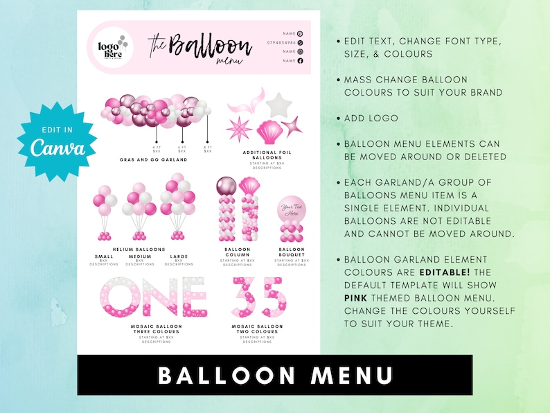 Editable Balloon Menu Template: Balloon Garland Price Guide (digital ...