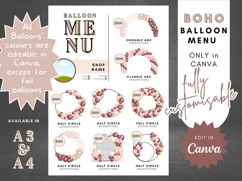 Digital Boho Editable Balloon Menu Canva Template for Balloon - Etsy ...