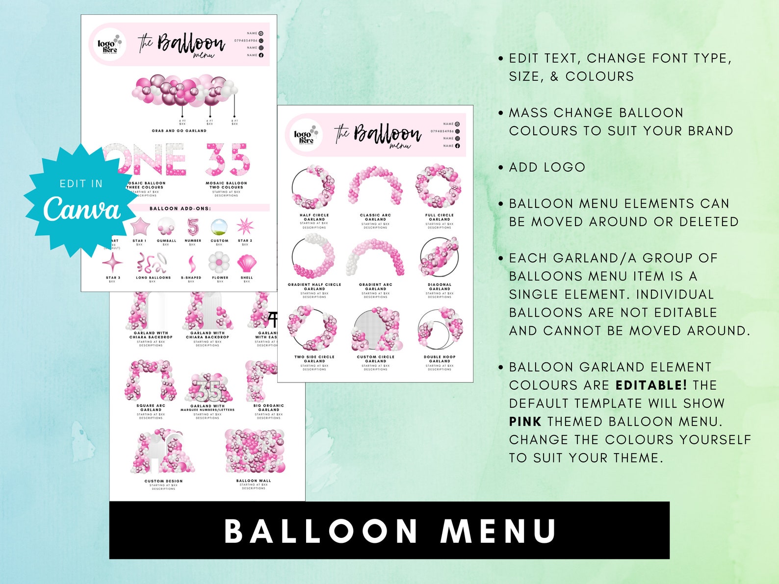 Editable Balloon Menu Template: Garland Design & Price Guide (canva ...