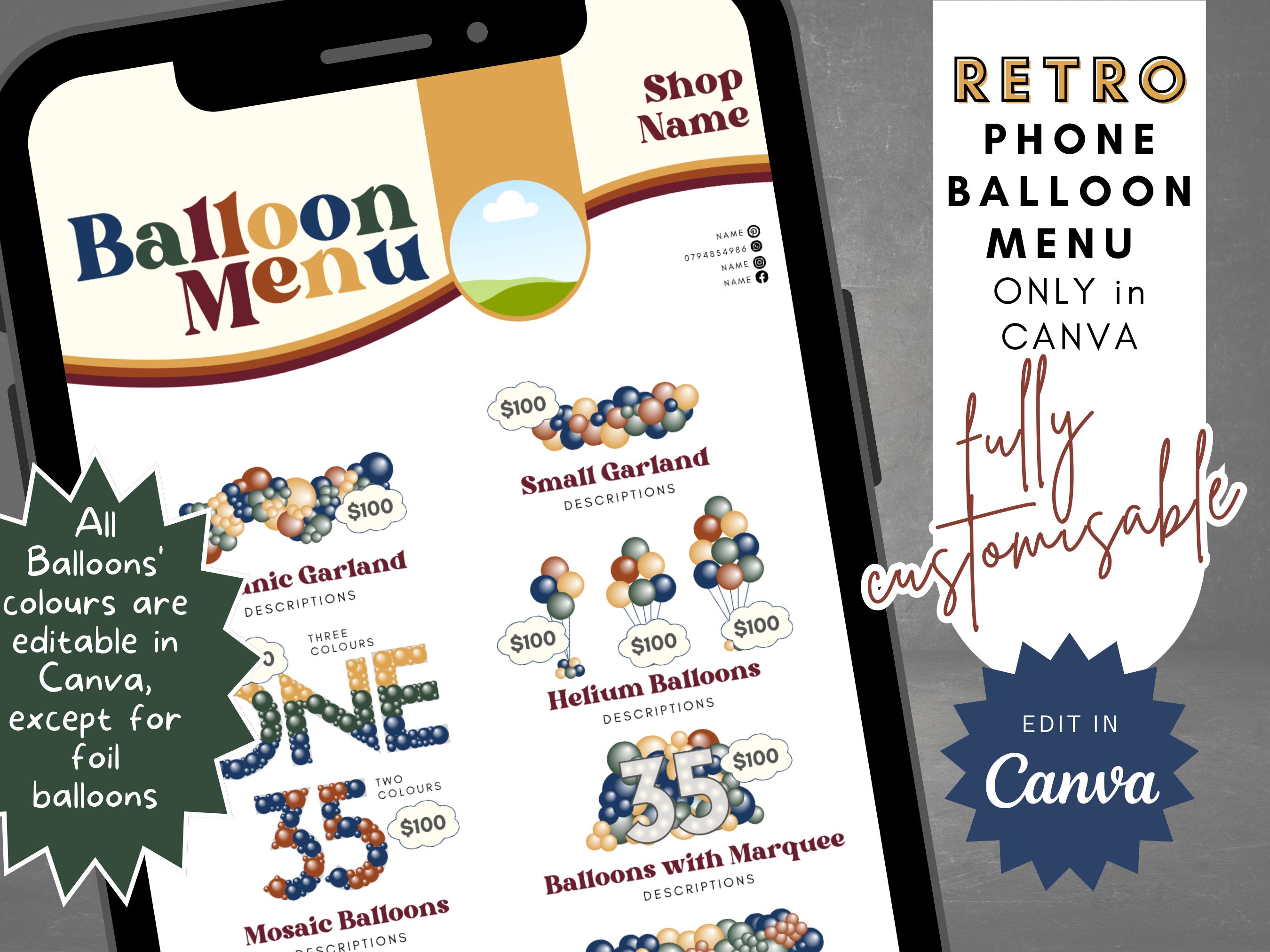 Retro Phone Balloon Menu Template: Editable Canva Design (instant ...