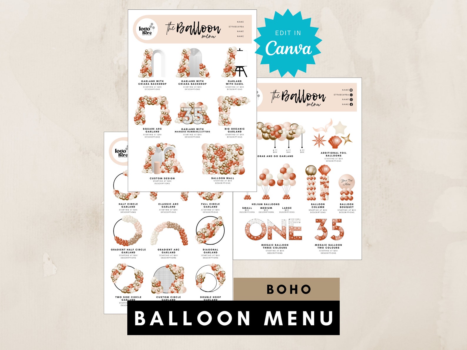Boho Balloon Menu Template for Balloon Business, Editable Balloon Decor ...