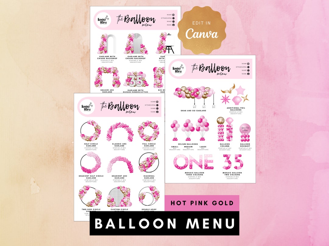 Hot Pink Gold Balloon Menu Template for Balloon Business, Editable ...