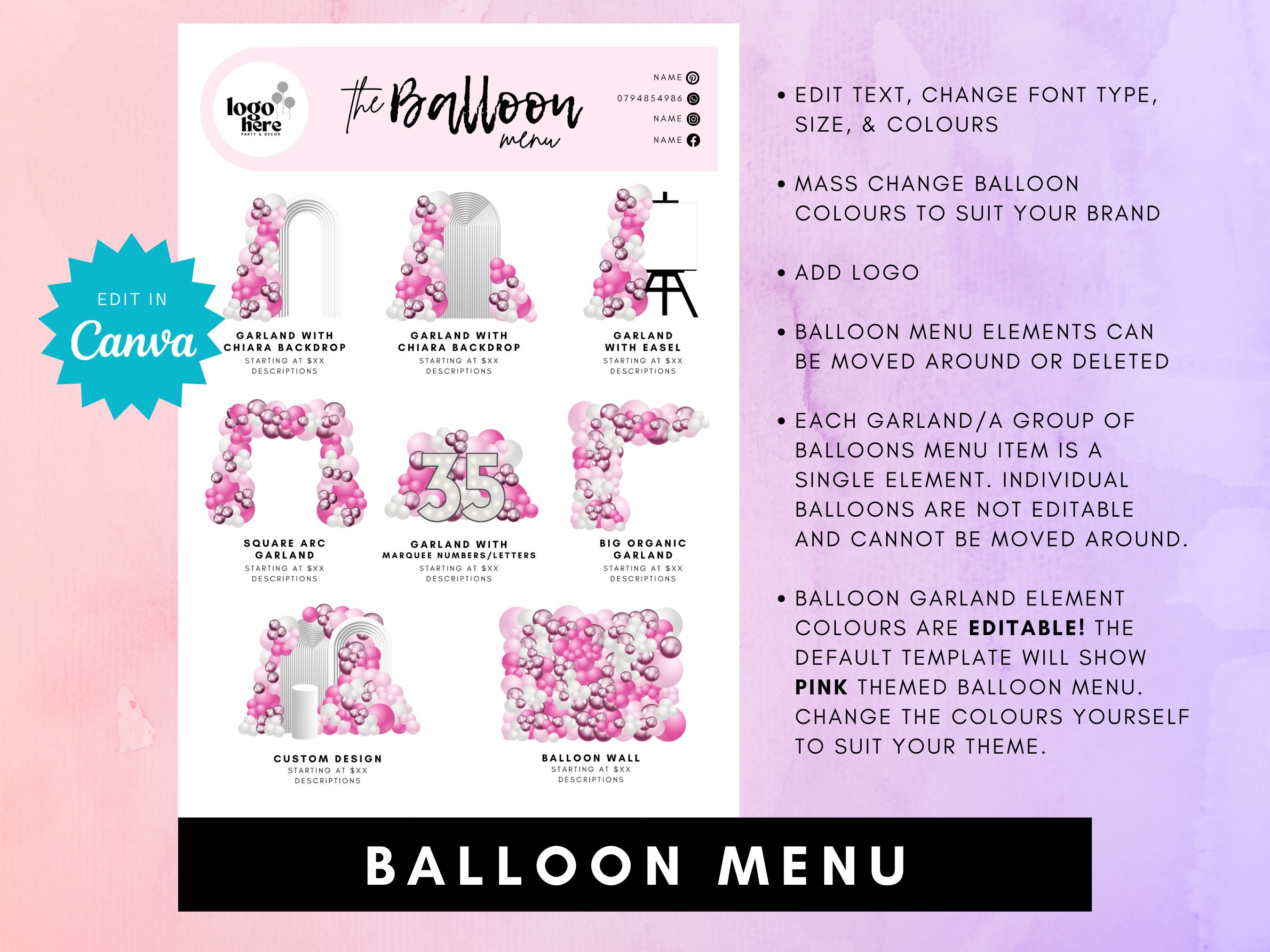 Editable Balloon Menu Template: Balloon Garland Price Guide (digital ...