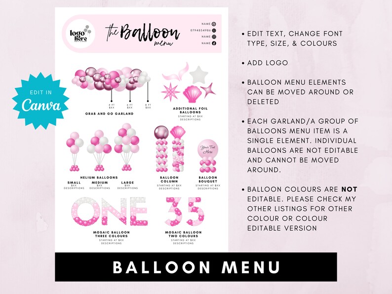 Pink Balloon Menu Template: Editable Pricing Guide (canva) - Etsy