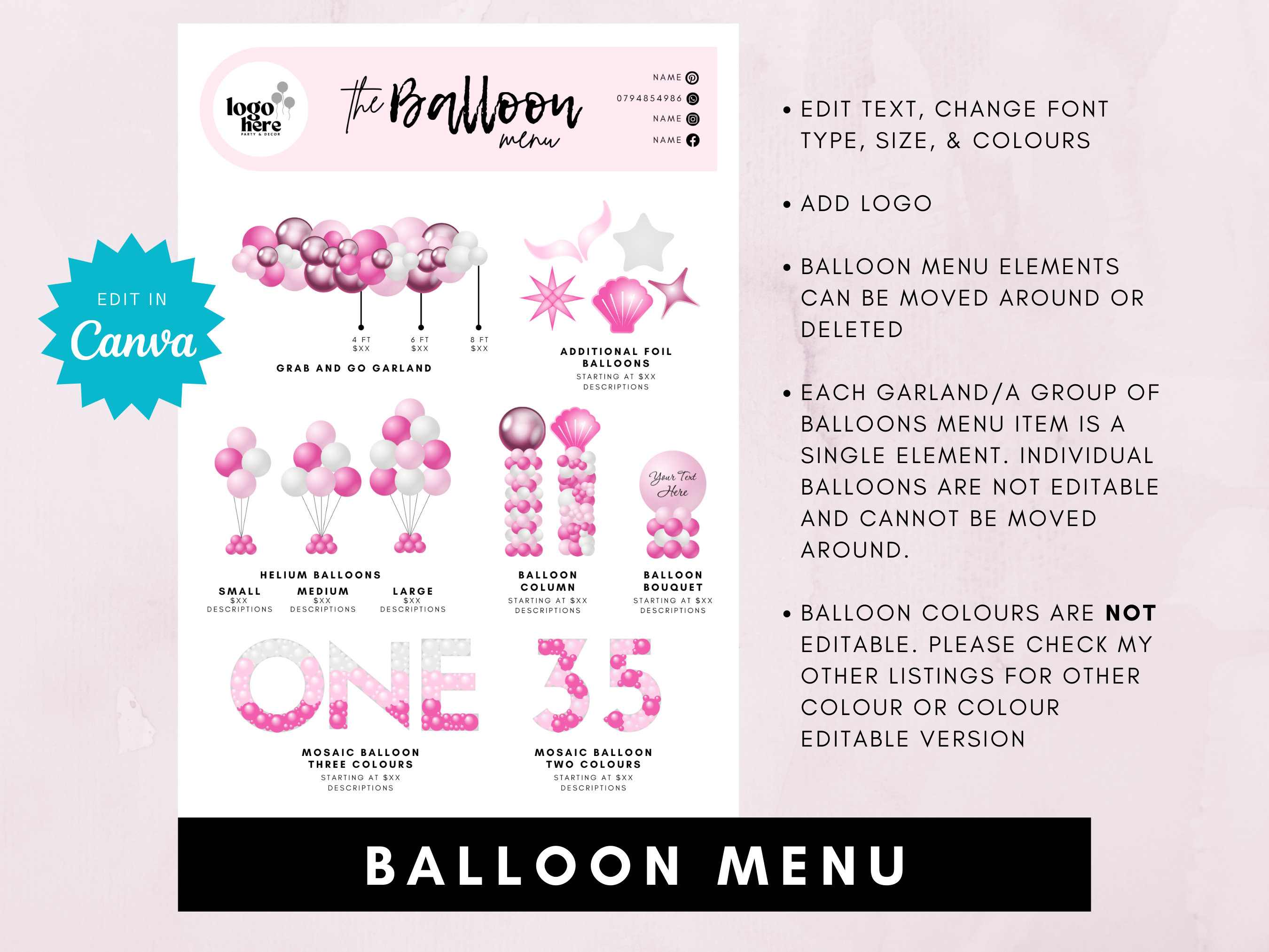 Pink Balloon Menu Template: Editable Pricing Guide (canva) - Etsy